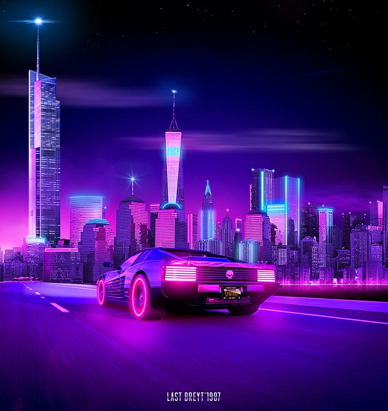 Testarossa runs towards the future New York City outrun car
